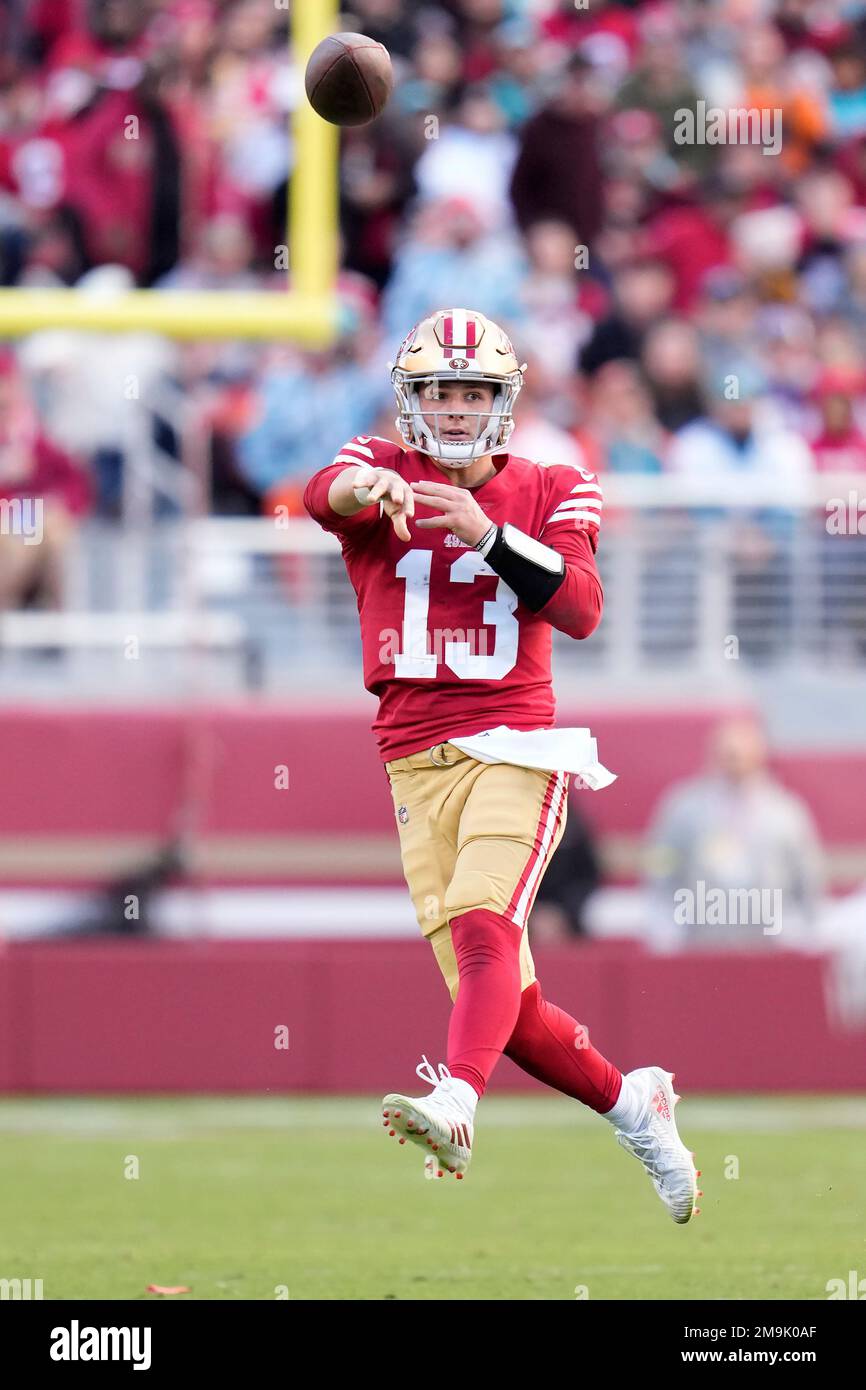 San Francisco 49ers quarterback Brock Purdy (13) passes against the ...