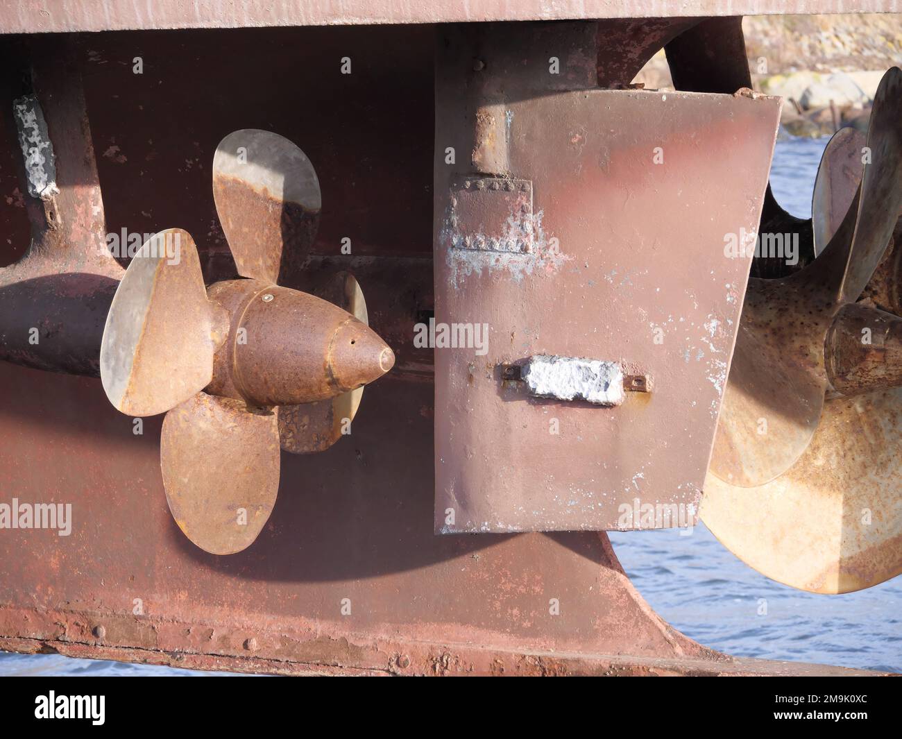 Rusty propeller of an old sea rescue ship in the evening light at Burg ...