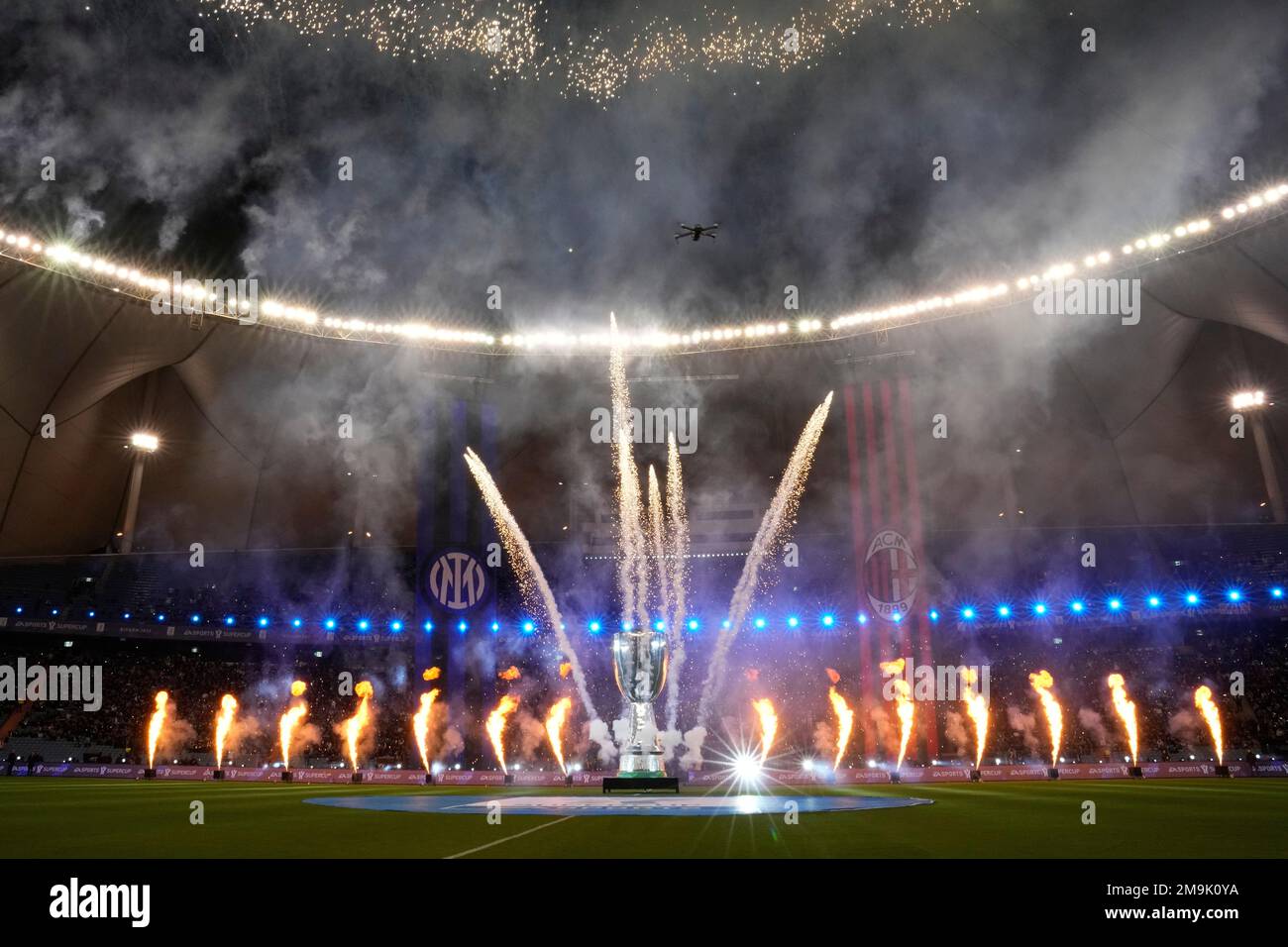 Fireworks explode before the Italian Super Cup final soccer match ...