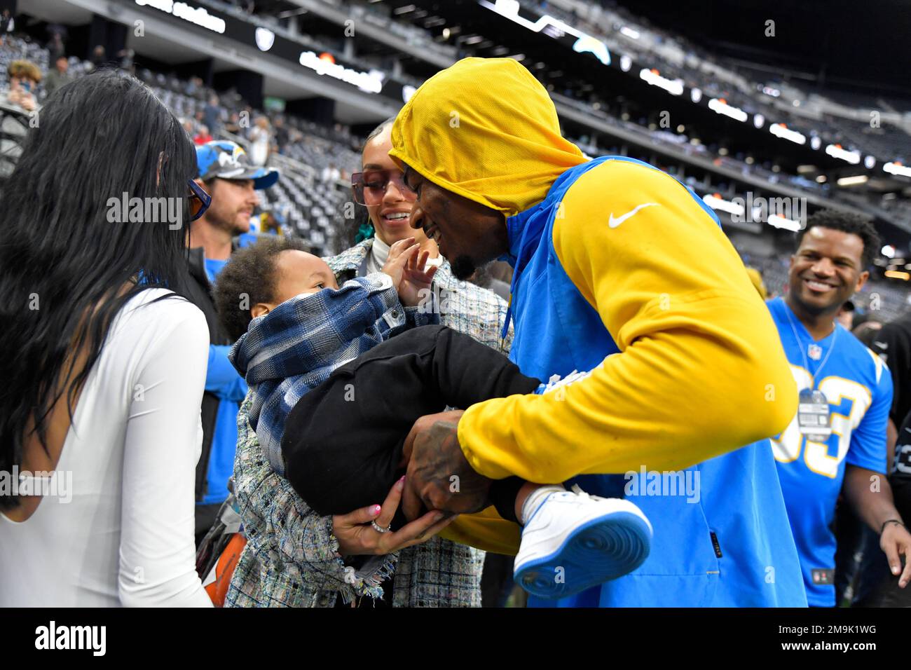 Los Angeles Chargers safety Derwin James Jr. holds his son Derwin James ...