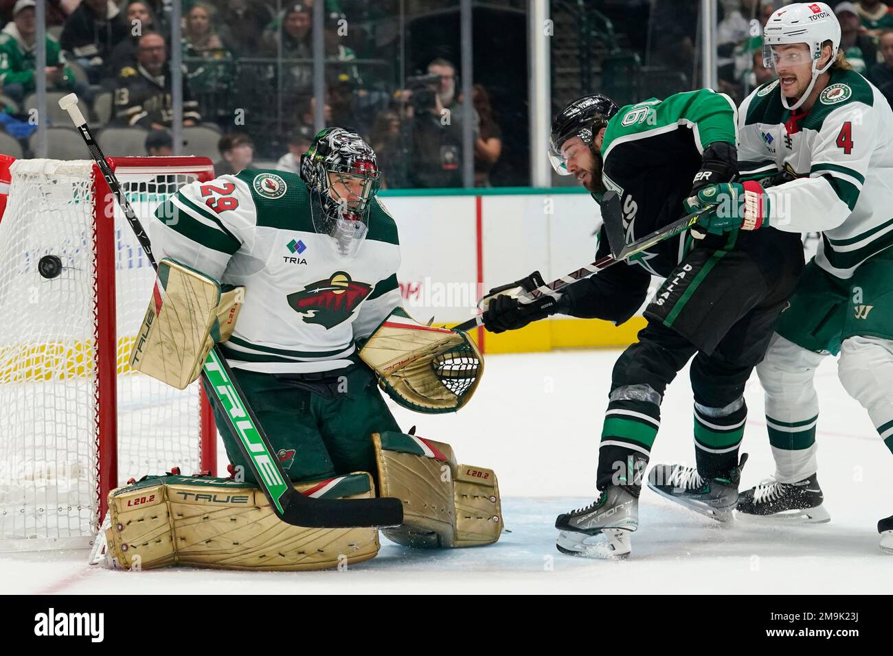 Minnesota Wild goaltender Marc-Andre Fleury (29) and Jon Merrill (4 ...