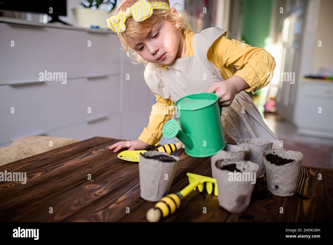 The baby watered the seeds of vegetables planted in environmentally ...