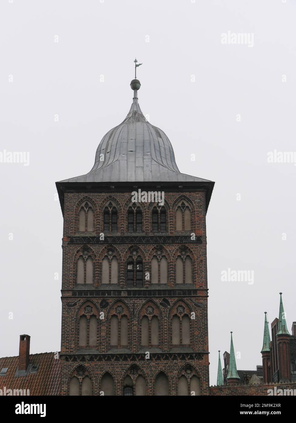 Historic clinker brick gate tower in the city center of the Hanseatic ...