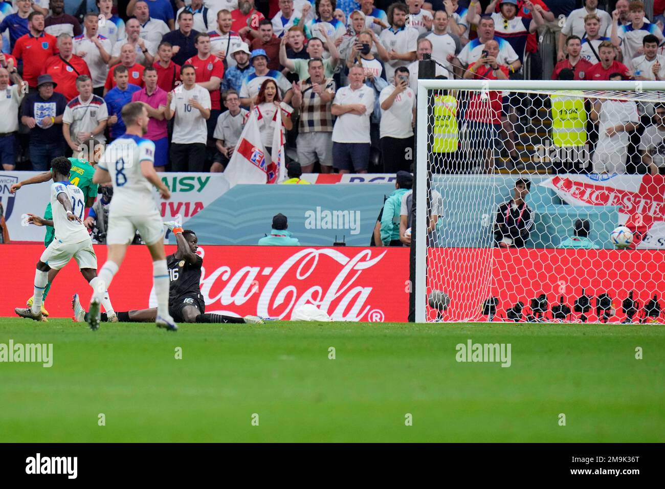 England's Bukayo Saka scores his side's third goal during the World Cup ...