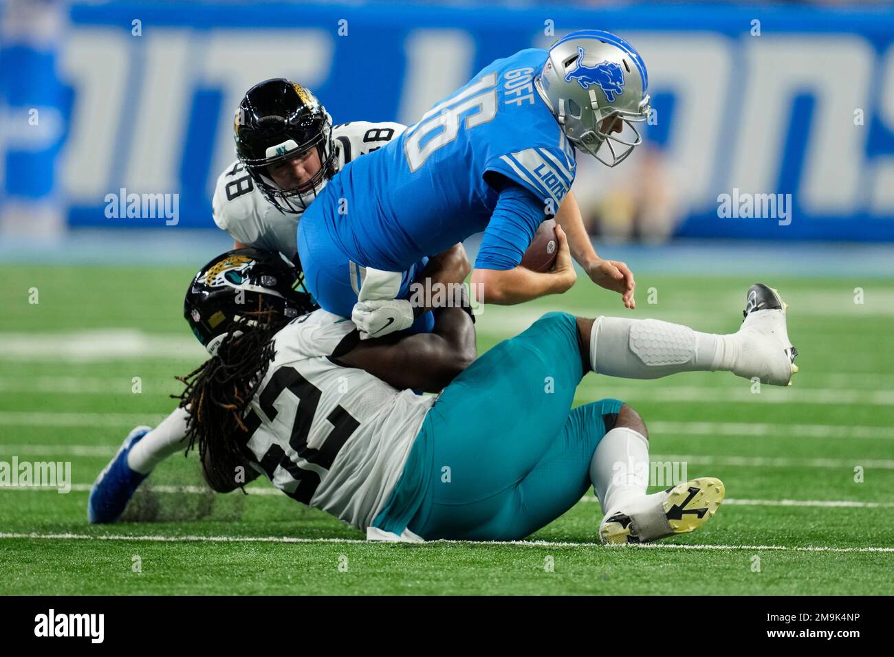 Detroit Lions quarterback Jared Goff is tackled by Jacksonville Jaguars ...