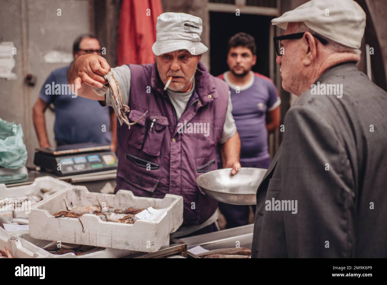 Authentic scenes from the local fish market in Catania, Sicily Stock ...