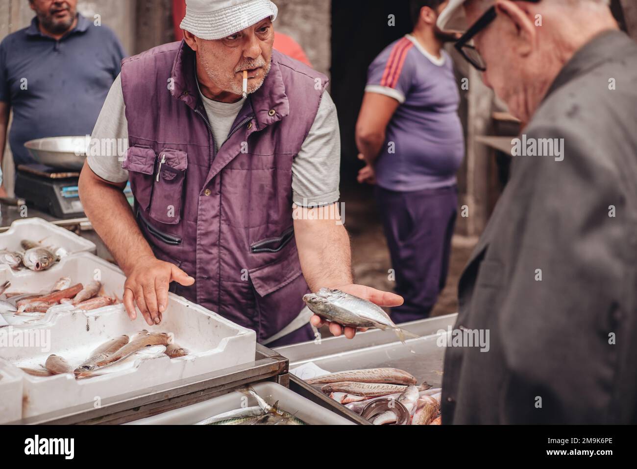 Authentic scenes from the local fish market in Catania, Sicily Stock ...