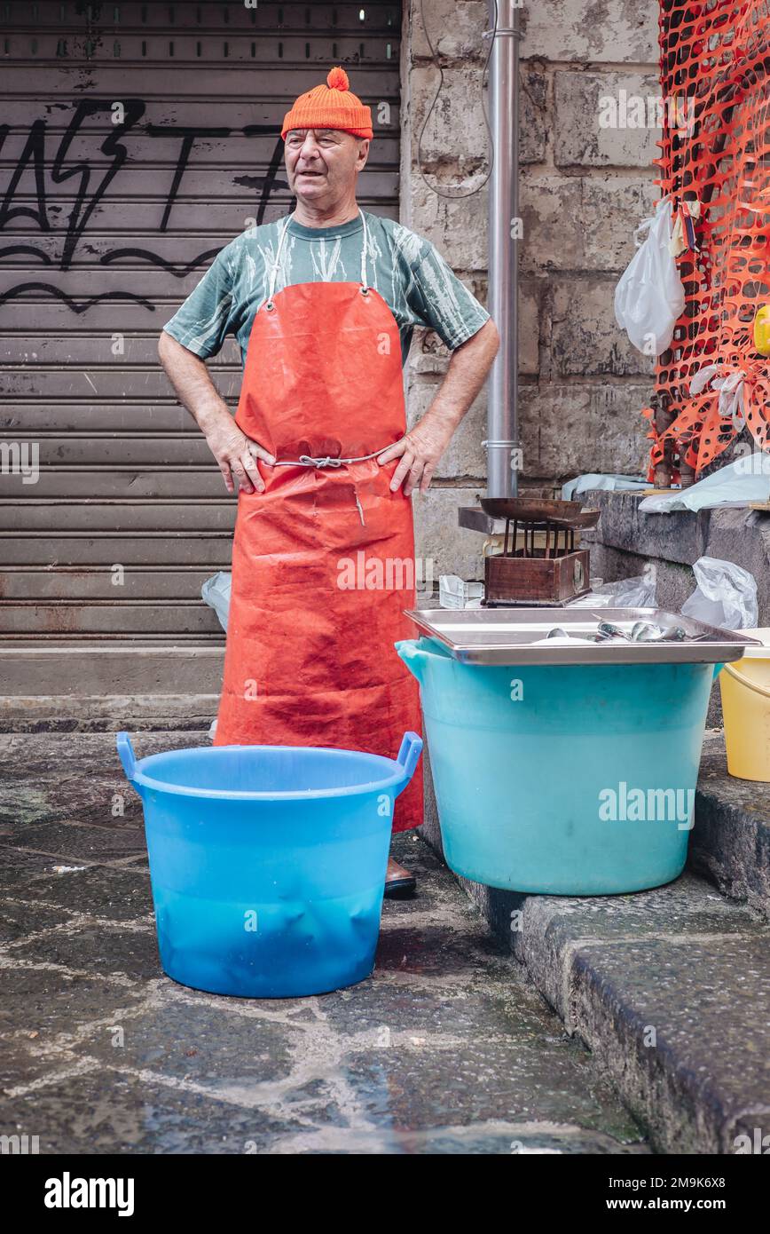 Authentic scenes from the local fish market in Catania, Sicily Stock ...