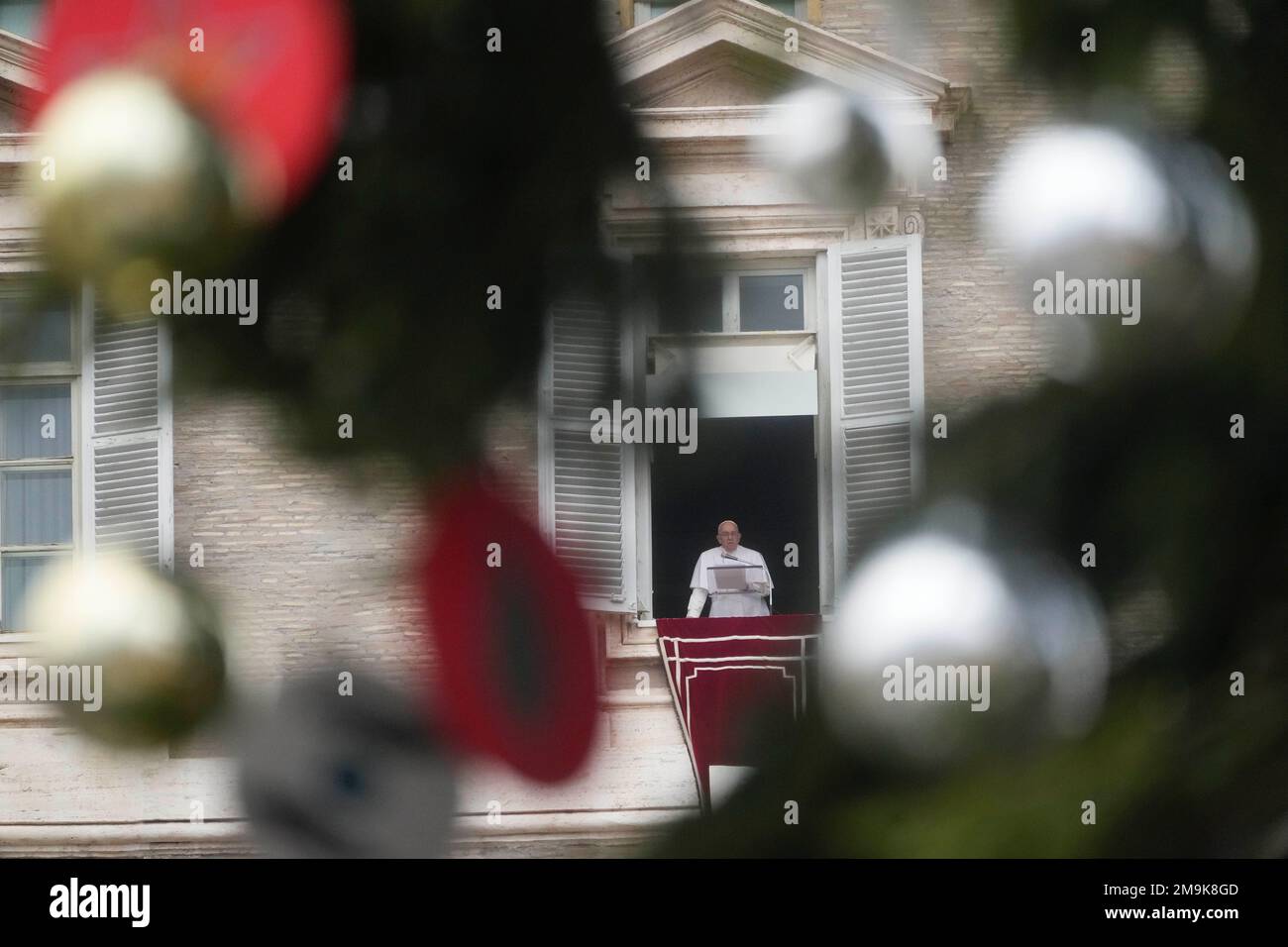 Pope Francis, framed by the branches and decorations of a Christmas ...