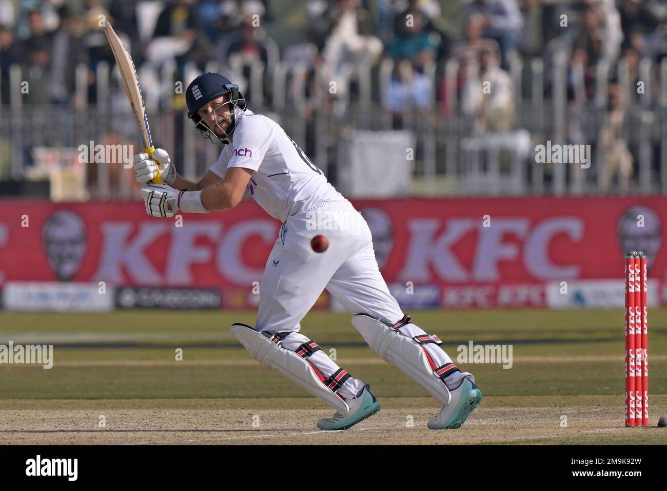 England's Joe Root bats during the fourth day of the first test cricket ...