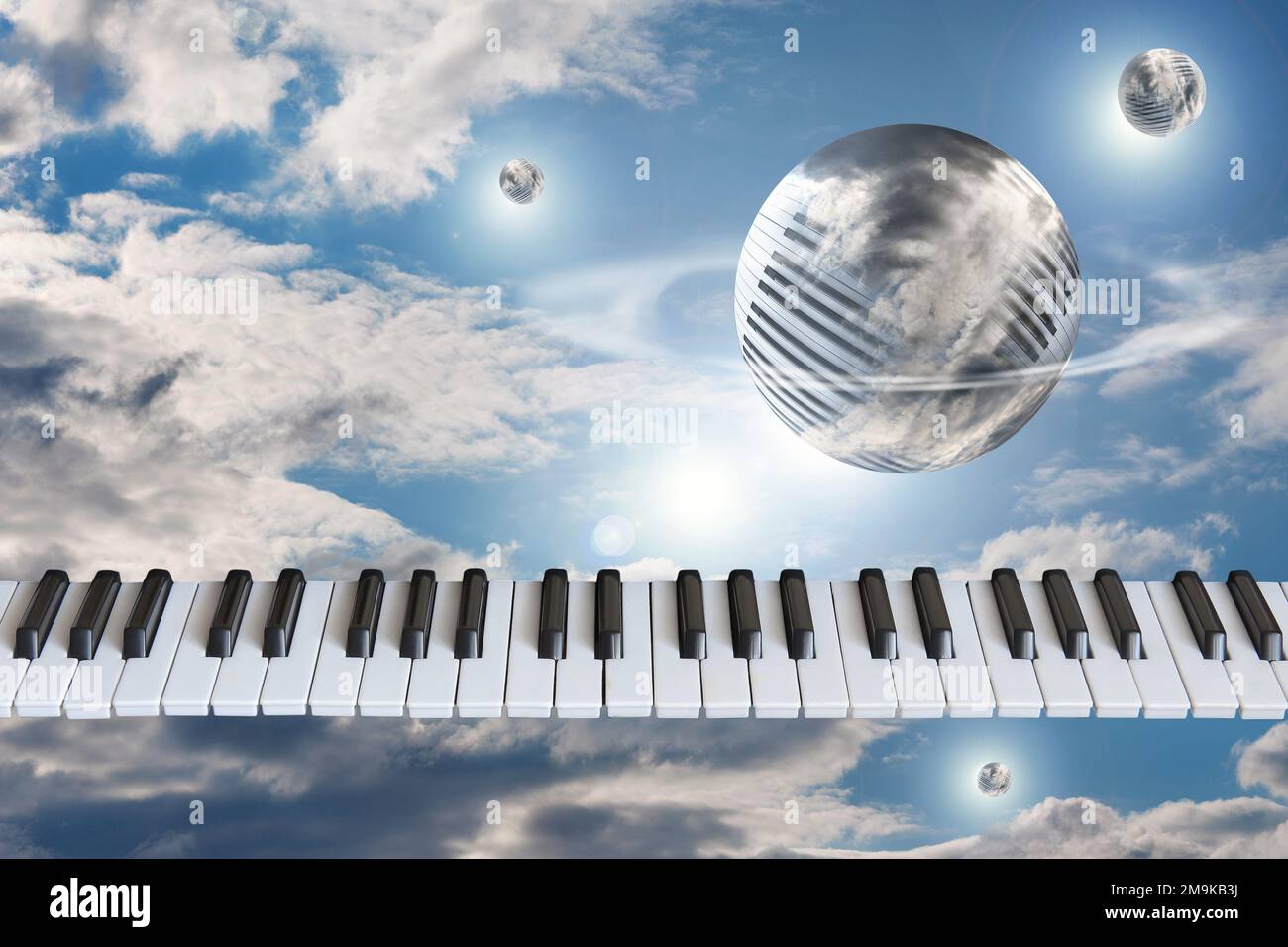 Piano keys, the keyboard in the sky with clouds around the globe Stock ...