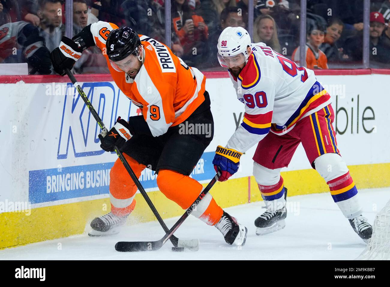 Philadelphia Flyers' Ivan Provorov, left, and New Jersey Devils' Tomas ...