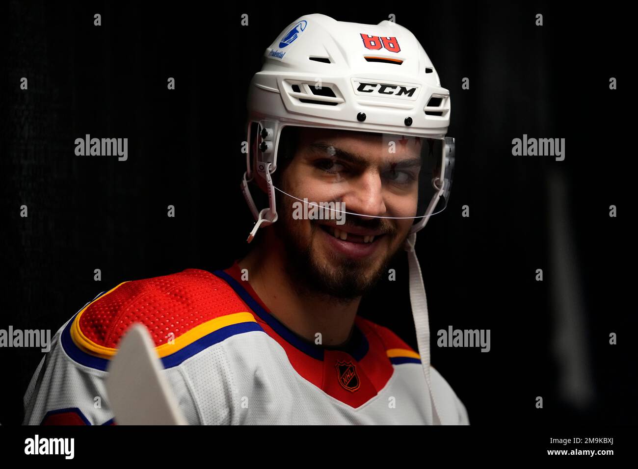 New Jersey Devils' Kevin Bahl smiles while waiting to warm up before an ...