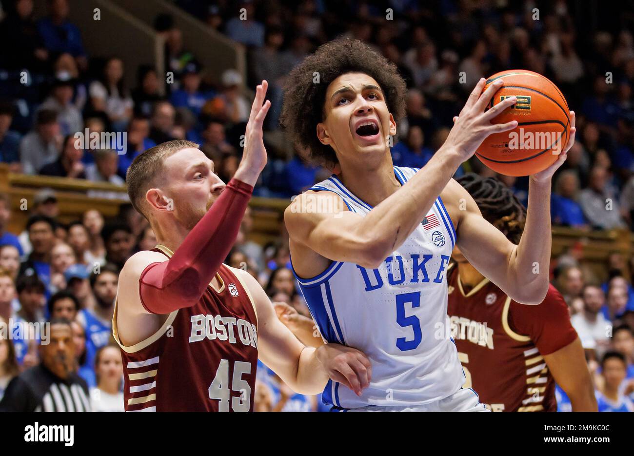 Duke's Tyrese Proctor (5) drives past Boston College's Mason Madsen (45 ...