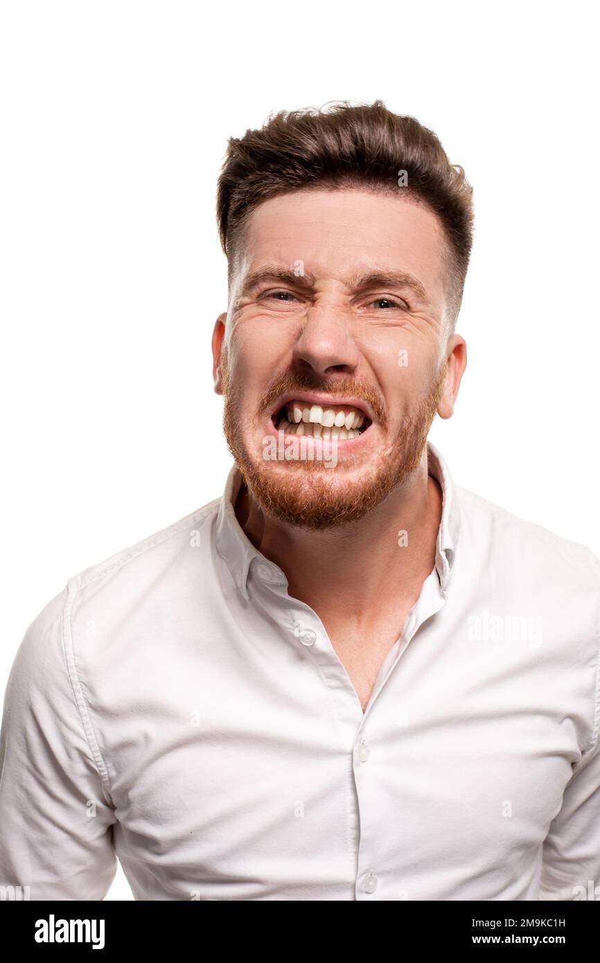 Studio photo of a good-looking man in a white shirt, isolated over a ...
