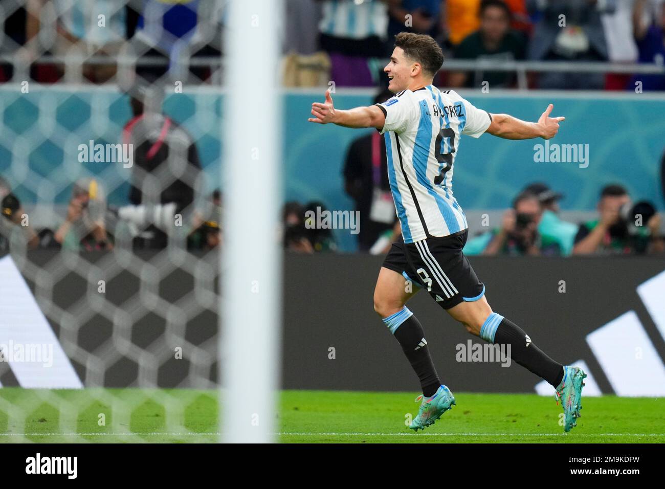 Argentina's Julian Alvarez celebrates scoring his side's second goal ...