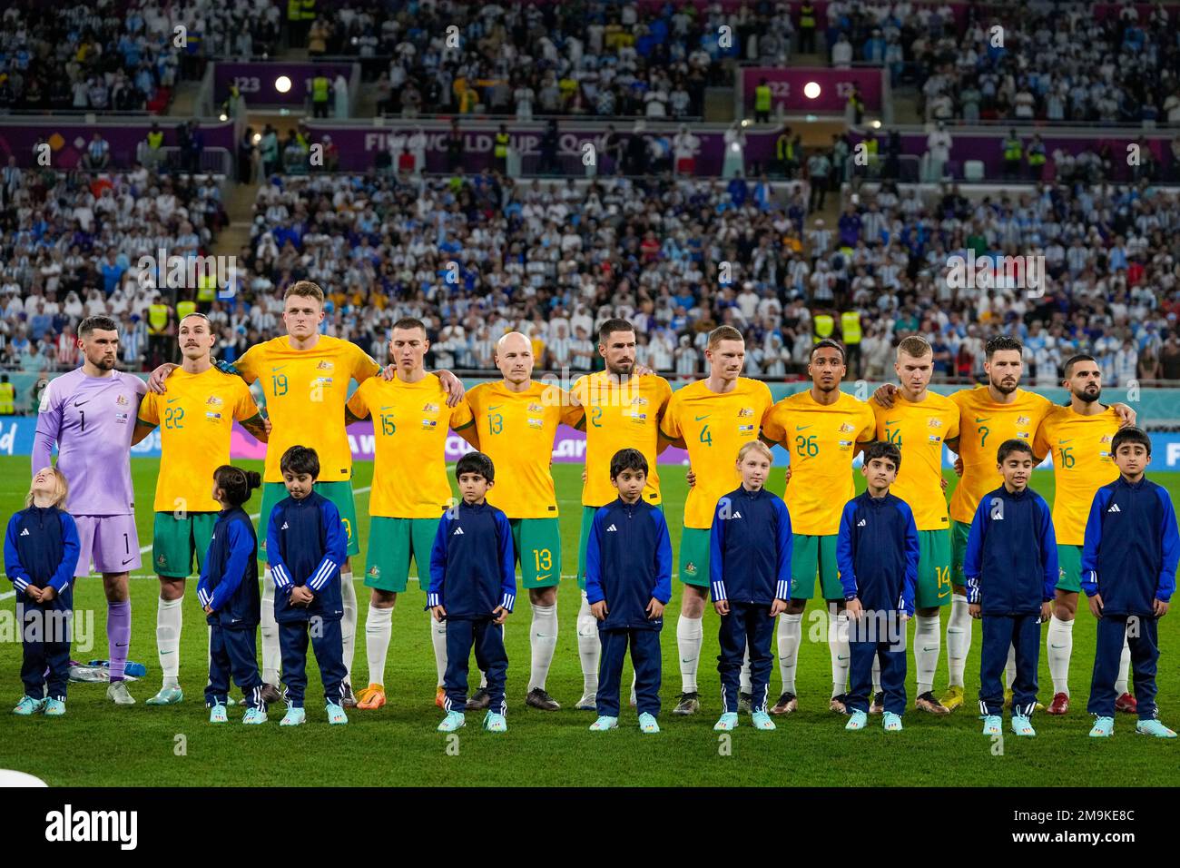 Players of Australia sing their national anthem prior to the World Cup ...