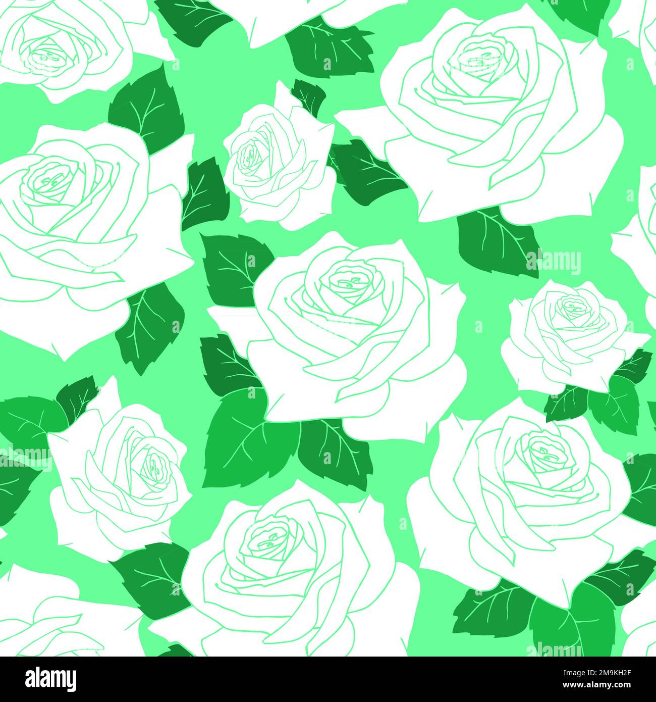 seamless pattern of large white rose flowers on a green background ...