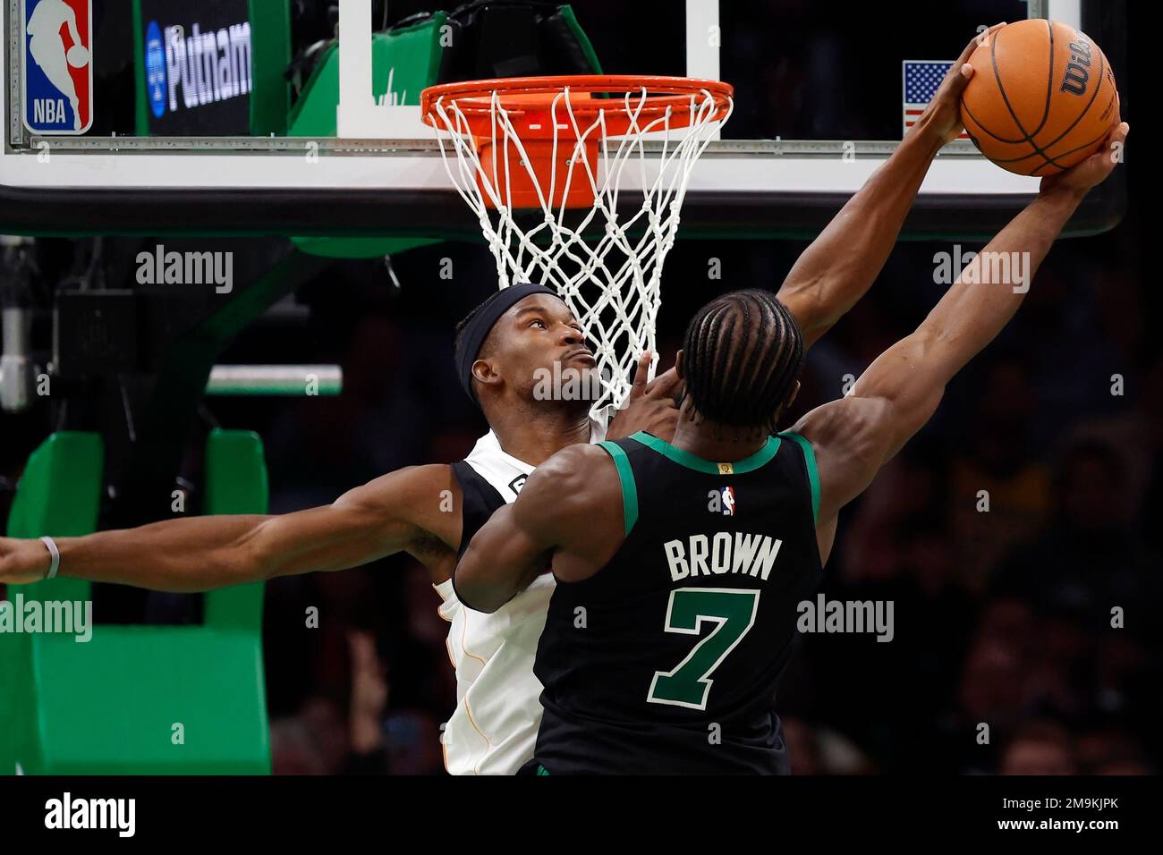 Miami Heat's Jimmy Butler blocks a shot by Boston Celtics' Jaylen Brown ...