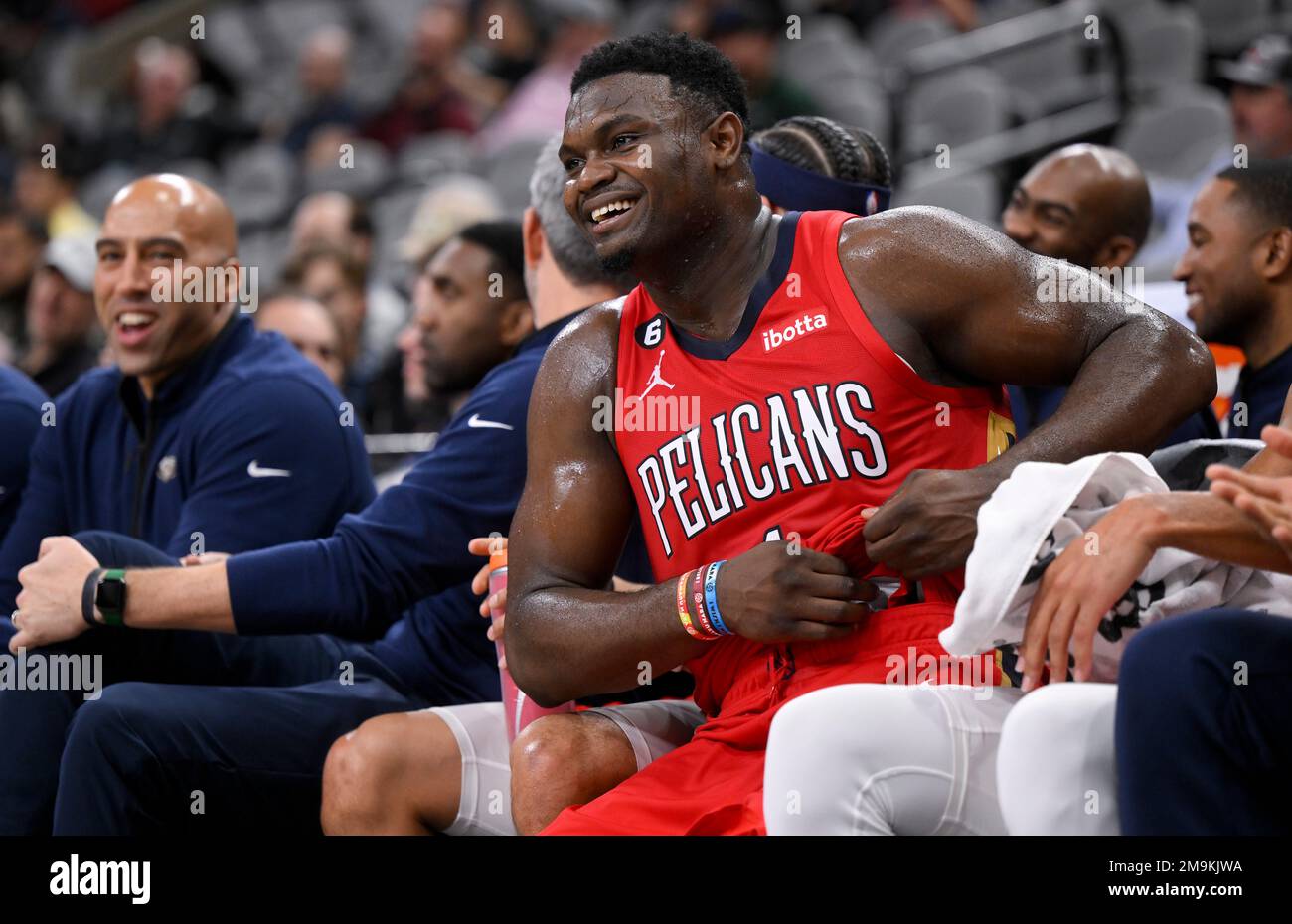 New Orleans Pelicans forward Zion Williamson watches the action late in ...
