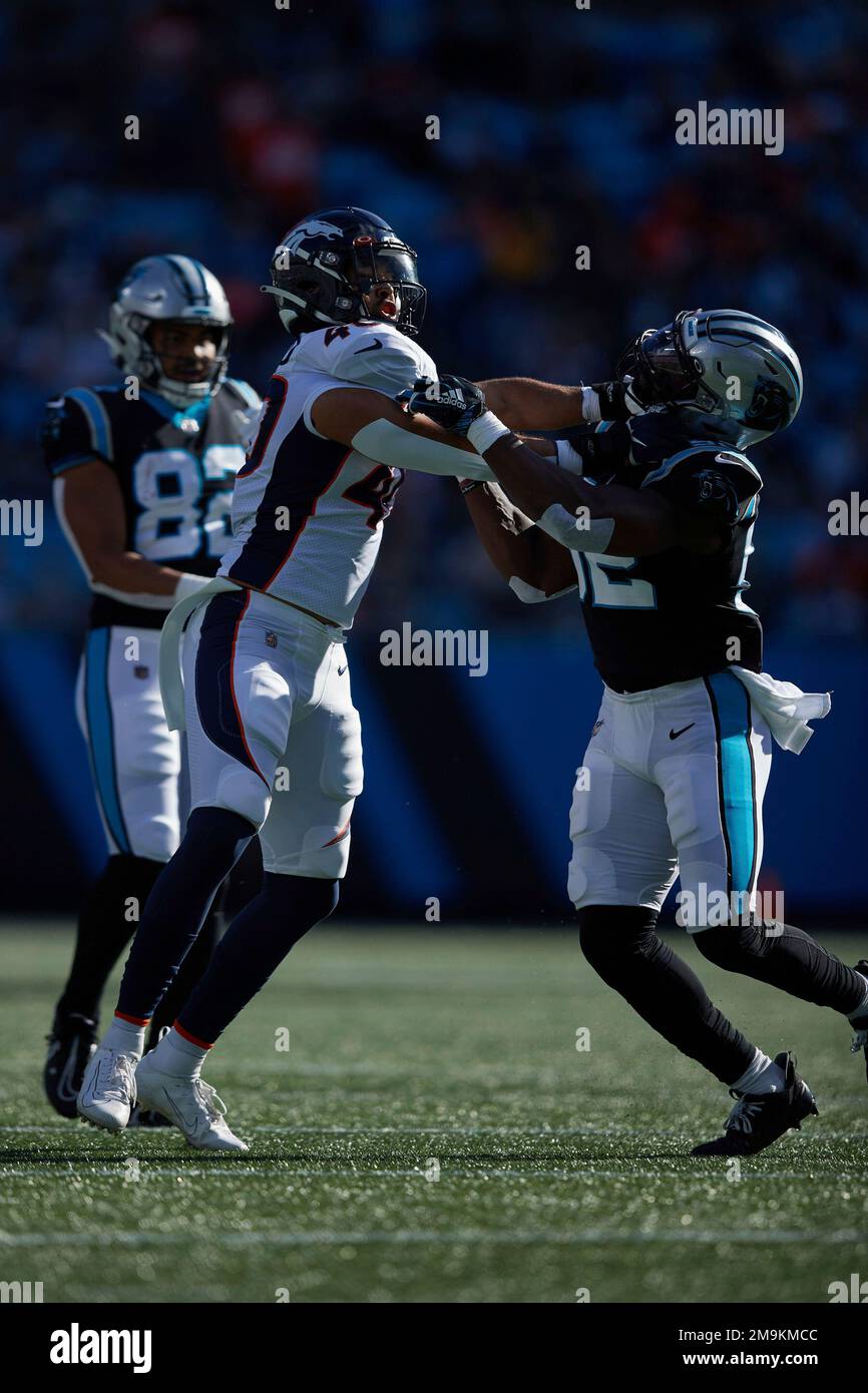 Denver Broncos linebacker Justin Strnad (40) battles with Carolina ...