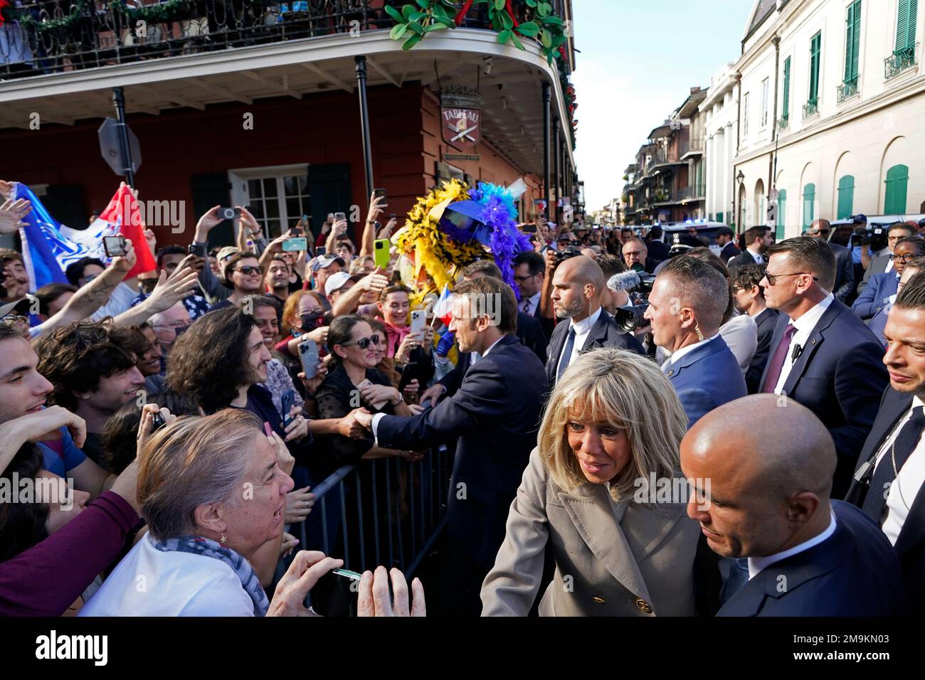 French President Emmanuel Macron and his wife Brigitte Macron greet the ...