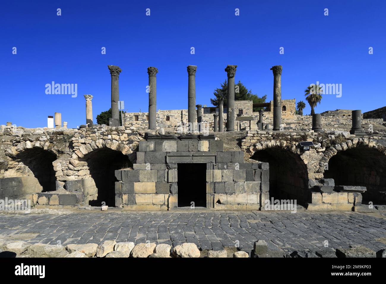 View over the Cardo Street with Shops in Umm Qais town, Jordan, Middle ...