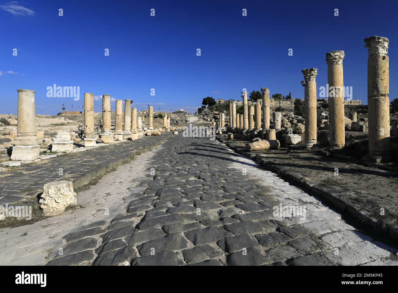 View over the ruins of the Decumanus Maximus street, Umm Qais town ...