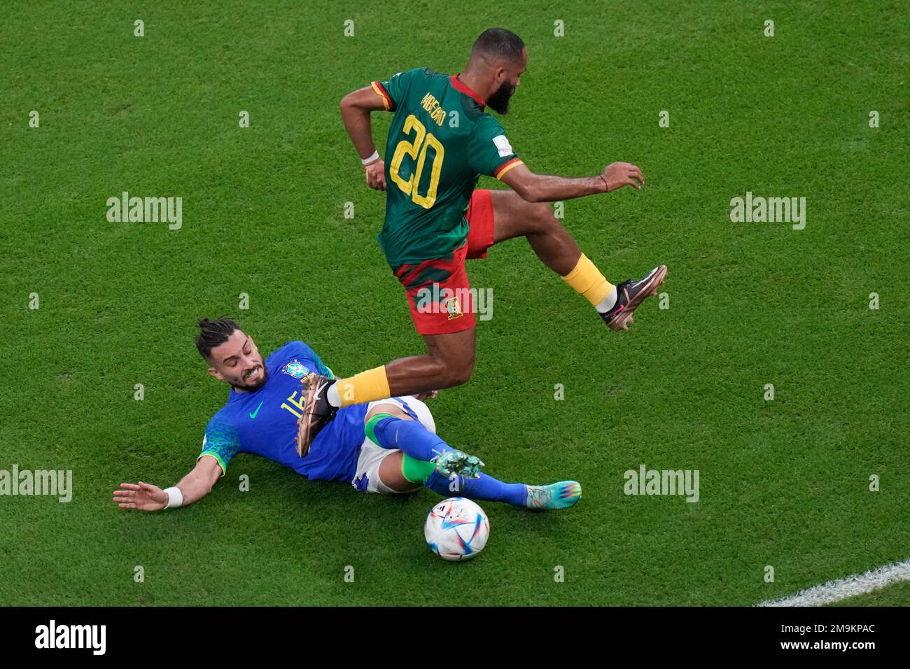 Cameroon's Bryan Mbeumo jumps over Brazil's Alex Telles during the ...