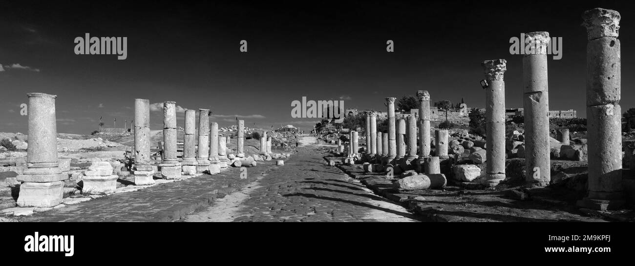 View over the ruins of the Decumanus Maximus street, Umm Qais town ...