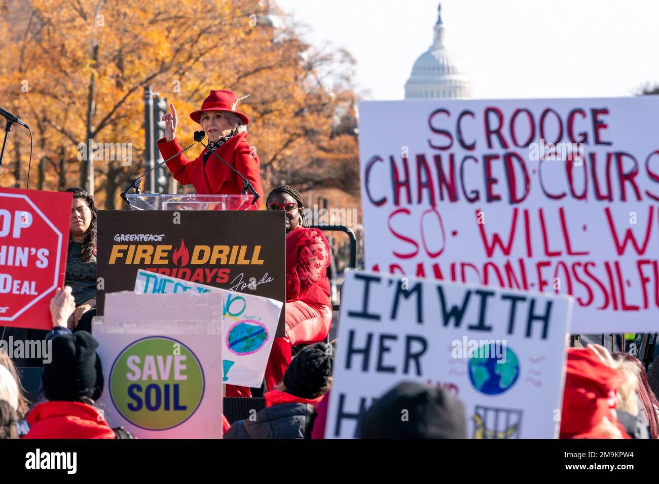 Jane Fonda speaks during "Fire drill Fridays," a climate change rally ...