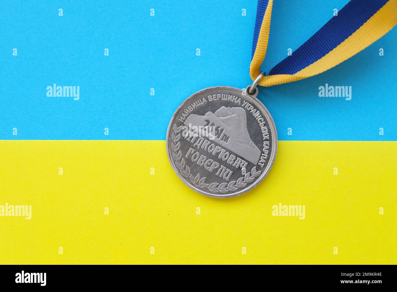 KYIV, UKRAINE - MAY 4, 2022 Medal for the person who conquered Mount ...