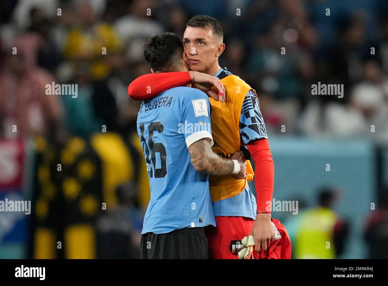 Uruguay's goalkeeper Fernando Muslera, right, hugs with Uruguay's ...