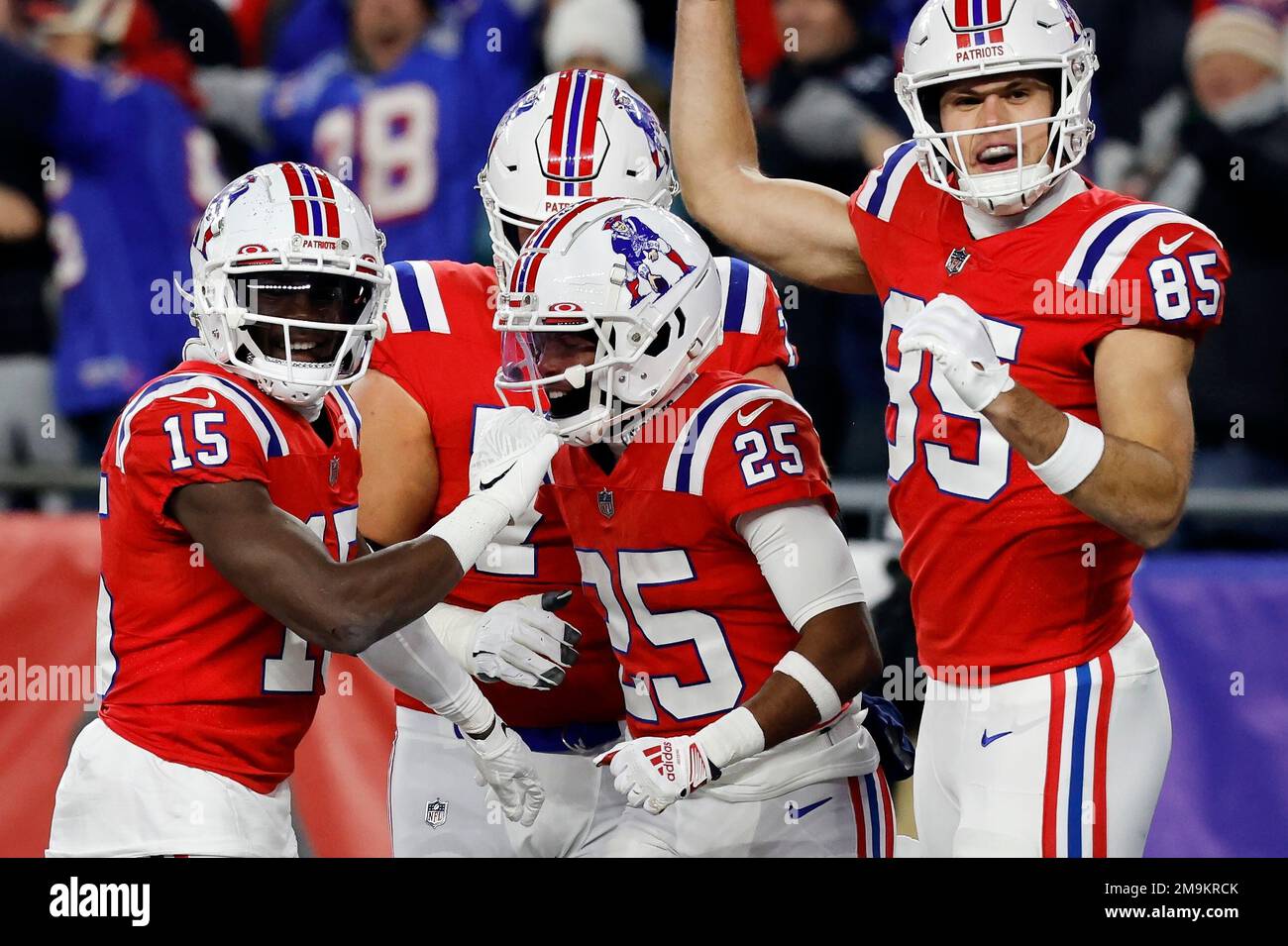 New England Patriots cornerback Marcus Jones (25) celebrates his ...