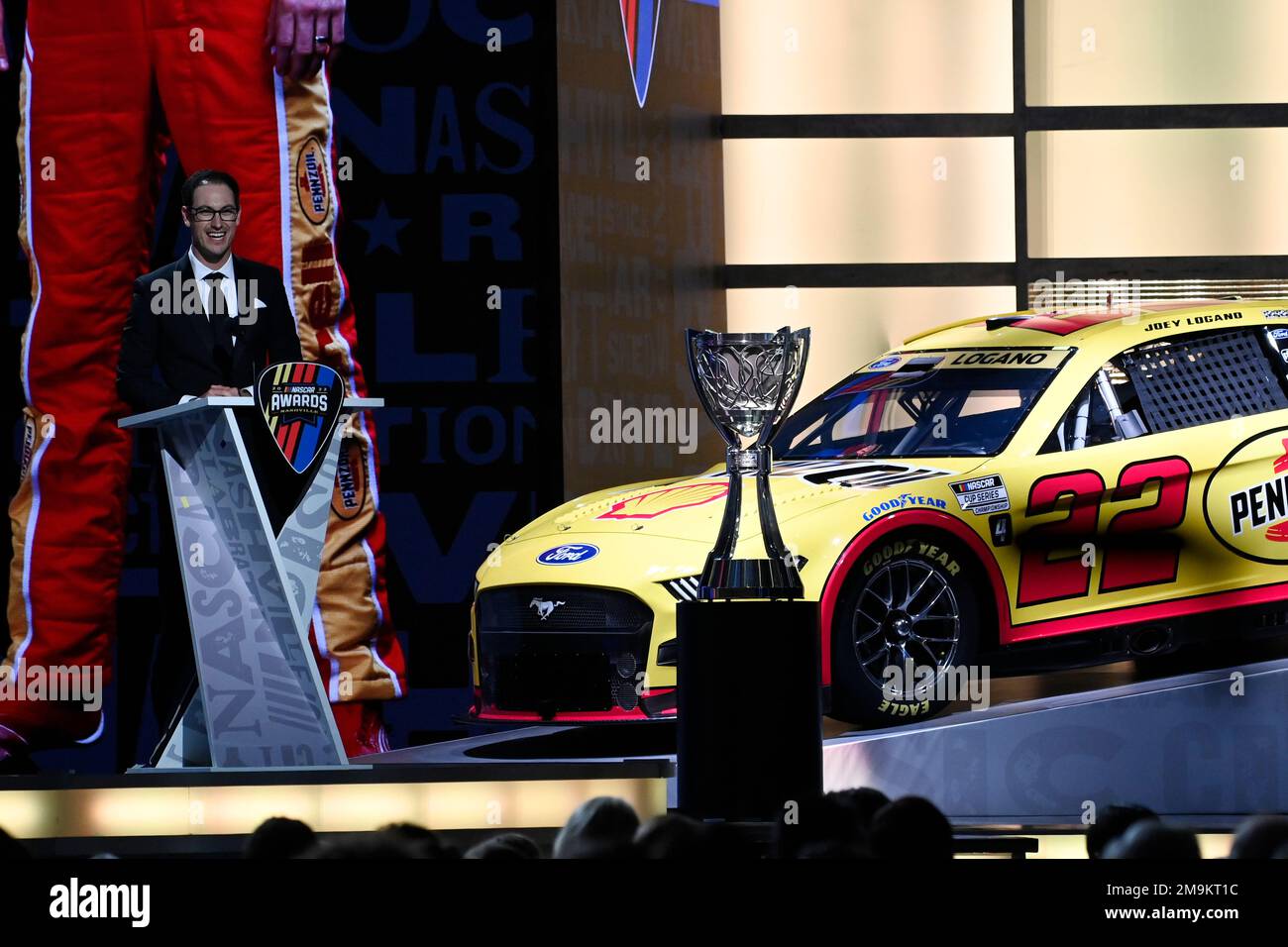 NASCAR Cup Series champion Joey Logano speaks during the NASCAR Awards on Thursday, Dec. 1, 2022 ...