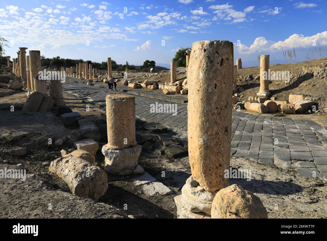 View over the ruins of the Decumanus Maximus street, Umm Qais town ...