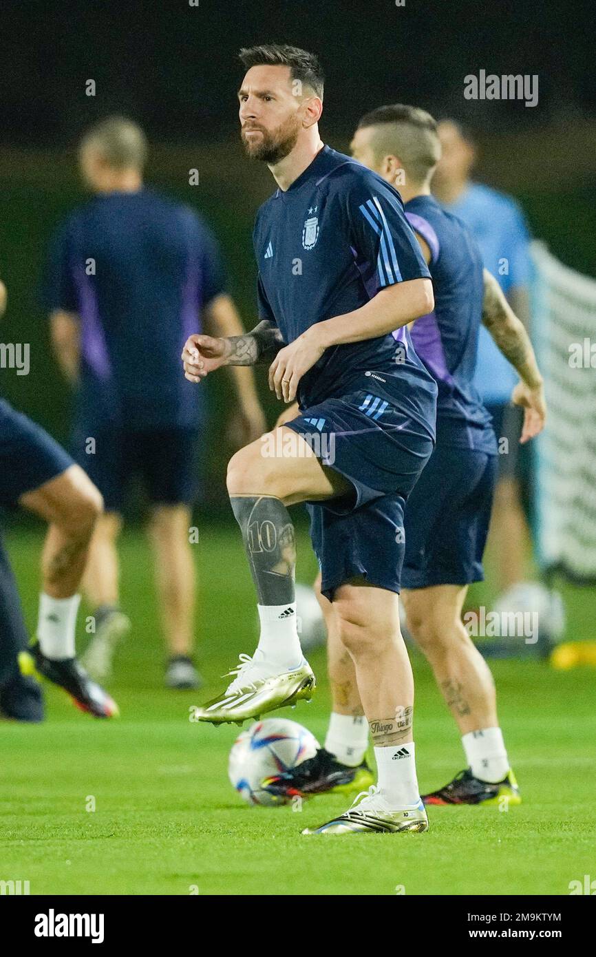Argentina's Lionel Messi warms up during a training session on the eve ...