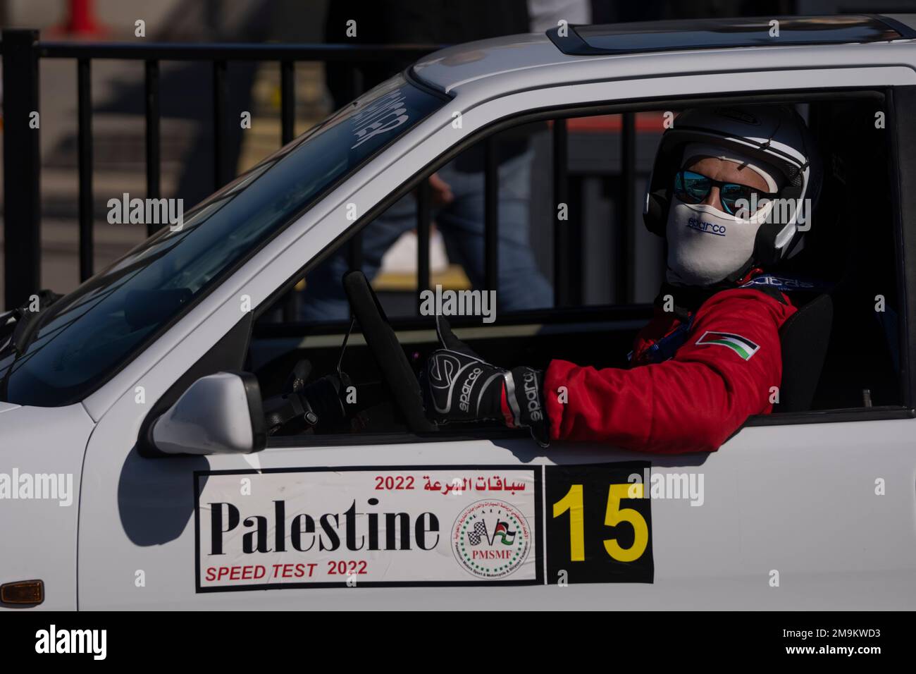 Palestinian Issa Handal rides in a race car at the start line during ...