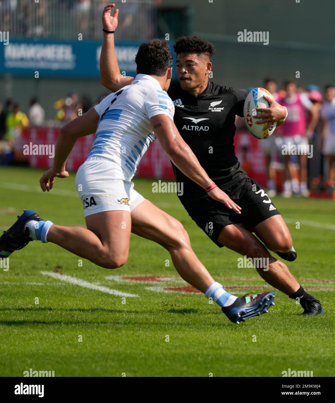 Moses Leo of New Zealand runs with the ball, during the match between ...