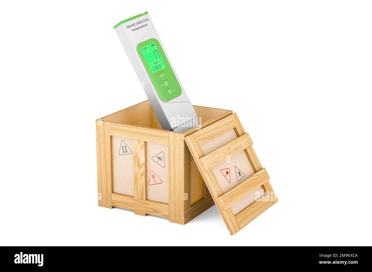 TDS meter inside wooden box, delivery concept. 3D rendering isolated on ...