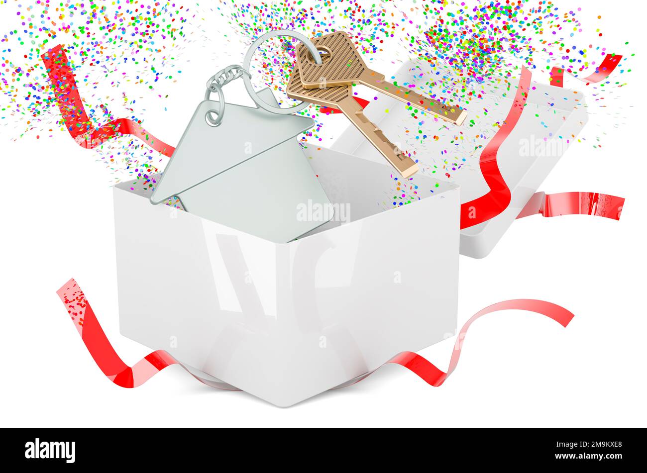 Home key with keychain inside gift box, 3D rendering isolated on white ...