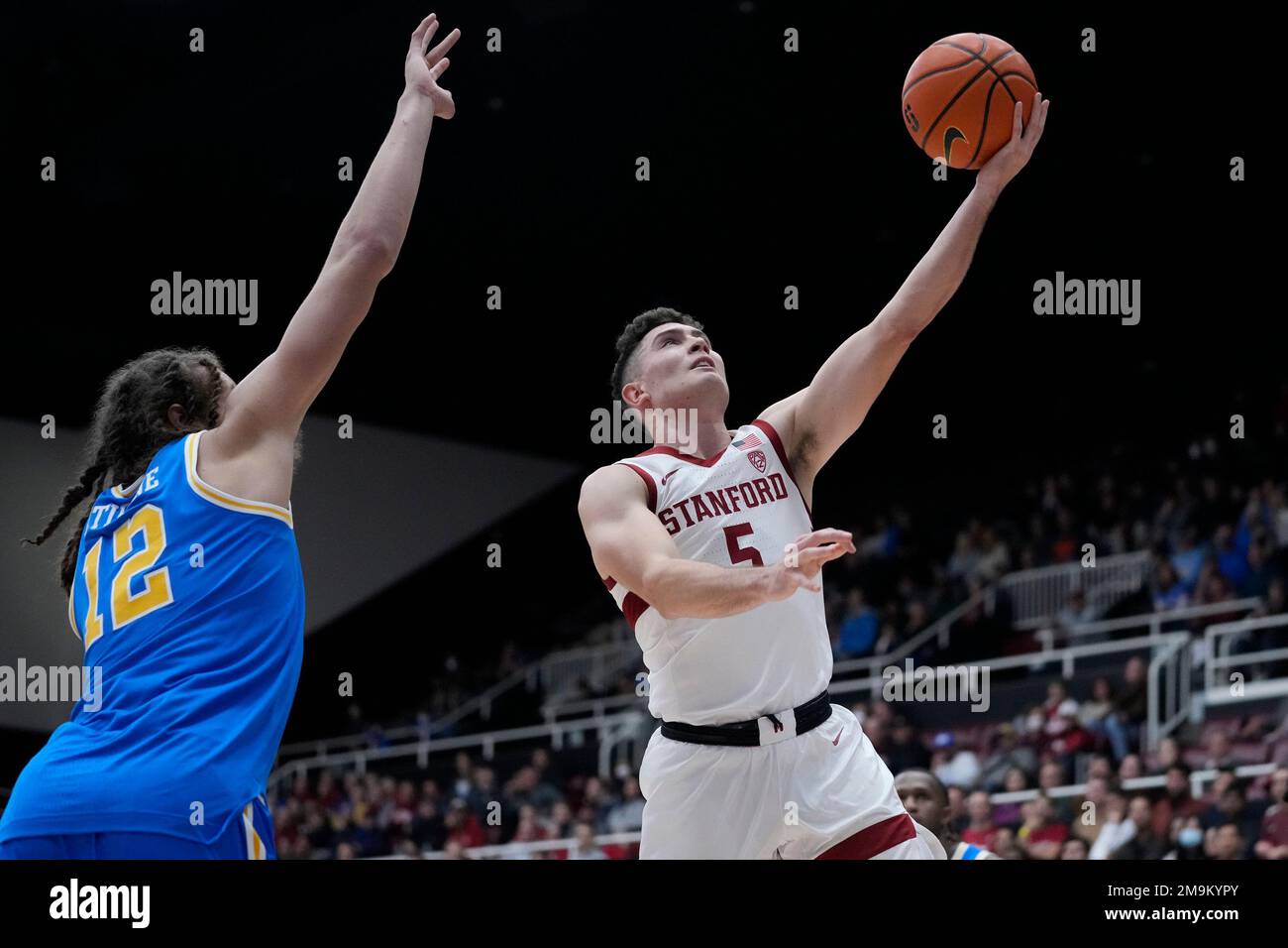 Stanford guard Michael O'Connell (5) shoots next to UCLA forward Mac ...