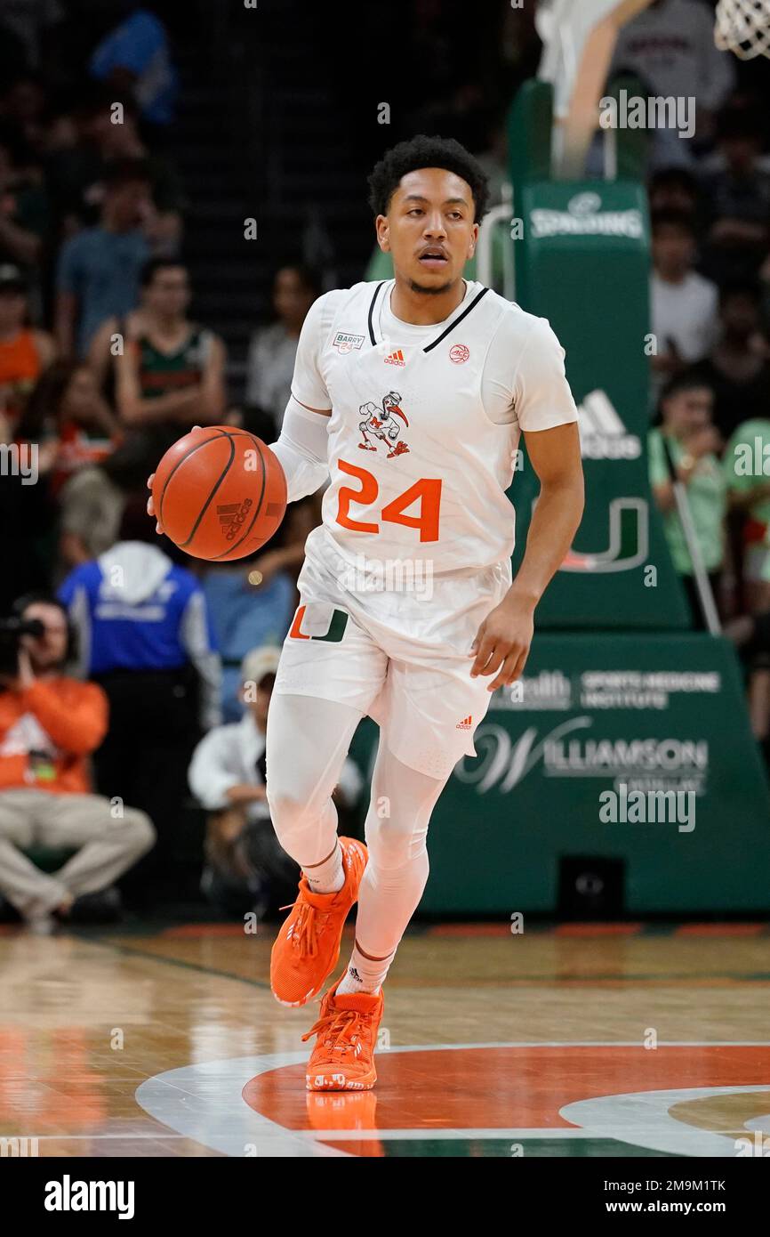 Miami guard Nijel Pack (24) dribbles the ball during the first half of ...