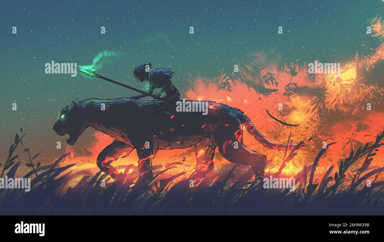 boy riding on the back of a panther through the fire meadow, digital ...