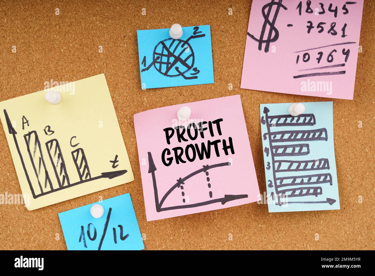Business concept. On the board are stickers with graphs and diagrams ...