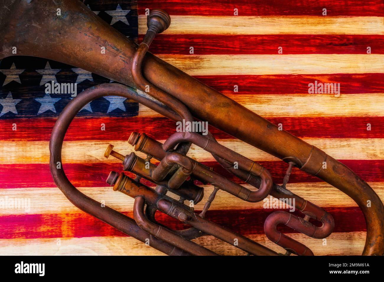 Old Horn On American Flag Stock Photo - Alamy