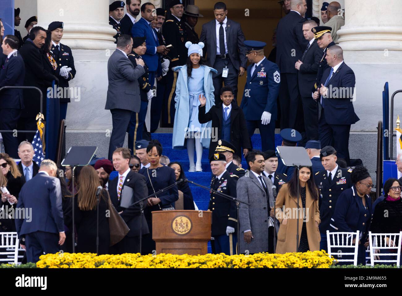 Maryland Gov. Wes Moore's children, Mia and James, walk onto the stage ...