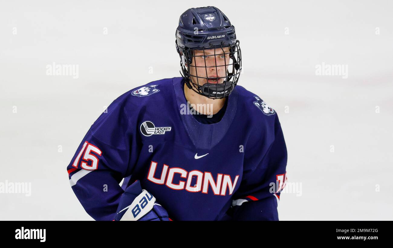 UConn defenseman Thomas Messineo (15) skates during the first period of ...