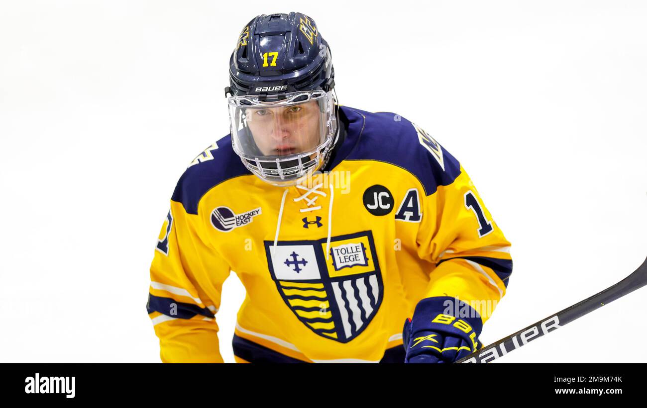 Merrimack College forward Mac Welsher (17) skates during the first ...