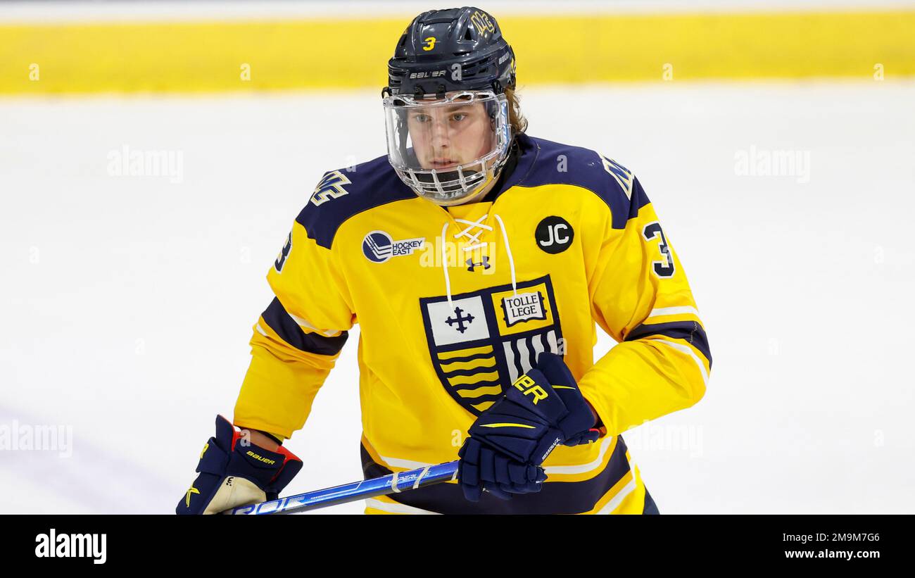 Merrimack College defenseman Zach Bookman (3) skates during the first ...